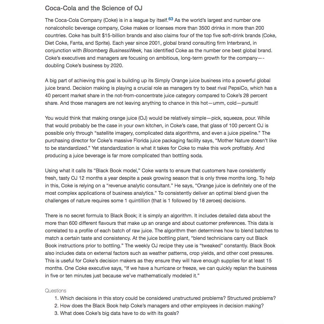 Solved Coca-Cola and the Science of OJThe Coca-Cola Company | Chegg.com