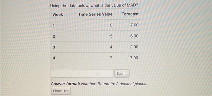 Solved Using the data below, what is the value of MAD? | Chegg.com