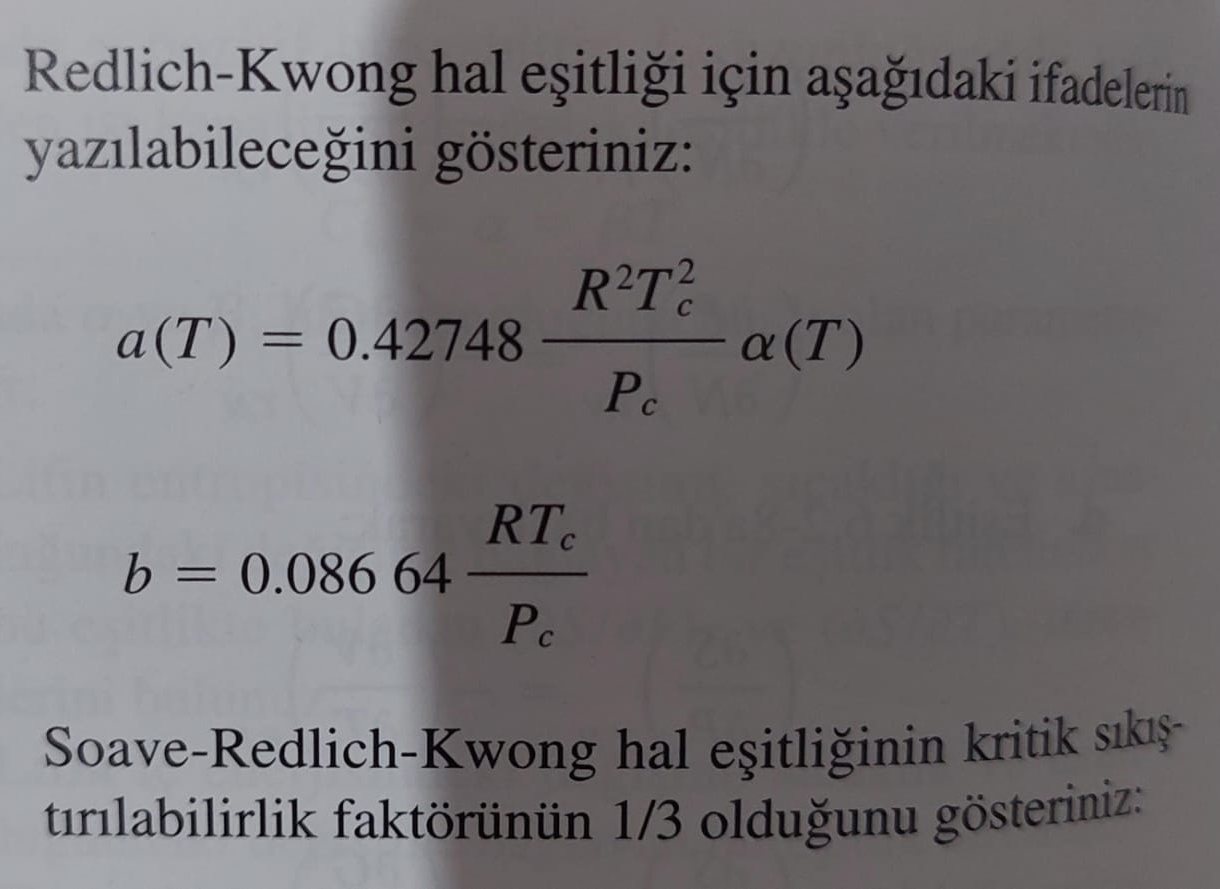 Solved Redlich-Kwong hal eşitliği için aşağıdaki ifadelerin | Chegg.com