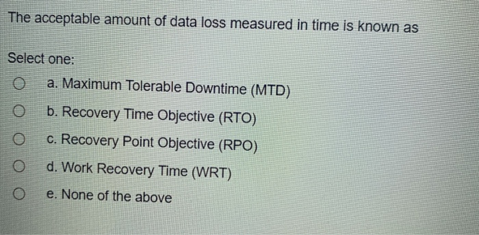 Solved The acceptable amount of data loss measured in time | Chegg.com