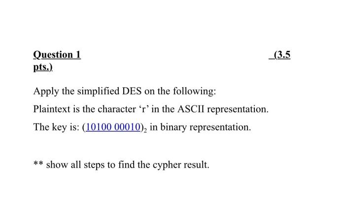 Solved (3.5 Question 1 pts.) Apply the simplified DES on the | Chegg.com