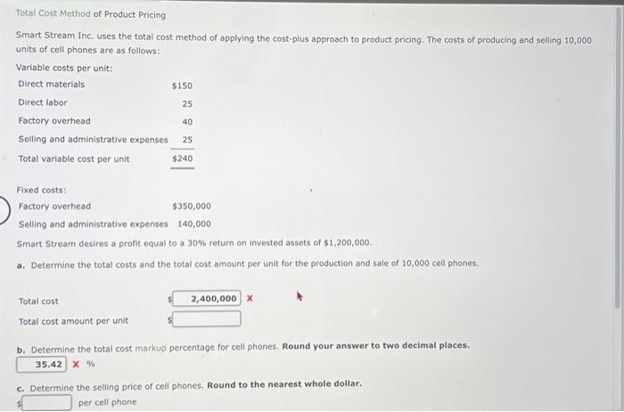 Solved Total Cost Method of Product Pricing Smart Stream | Chegg.com