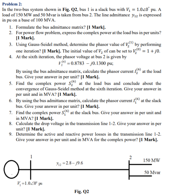 Solved Problem 2: In the two-bus system shown in Fig. Q2, | Chegg.com