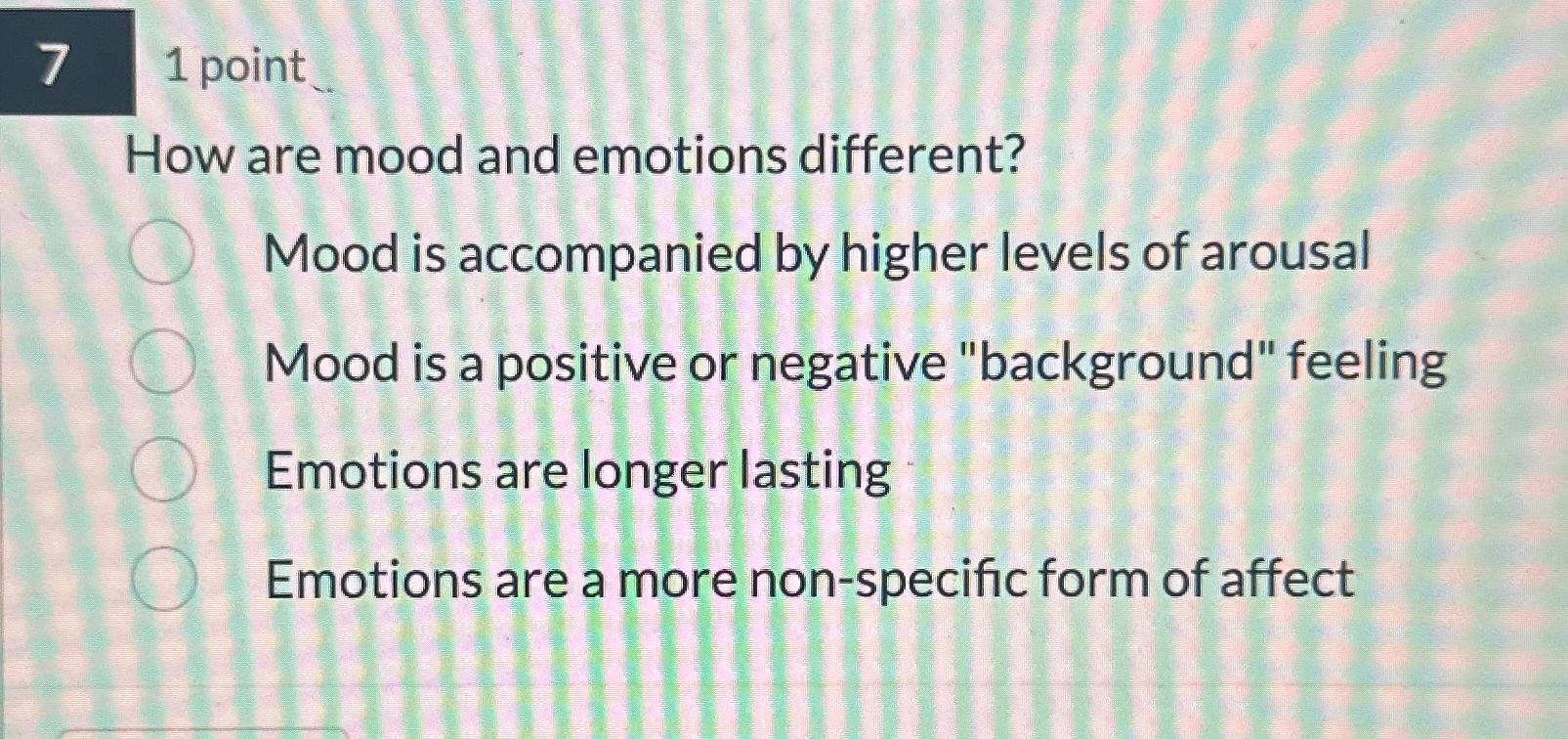 Solved 1 ﻿pointHow are mood and emotions different?Mood is | Chegg.com