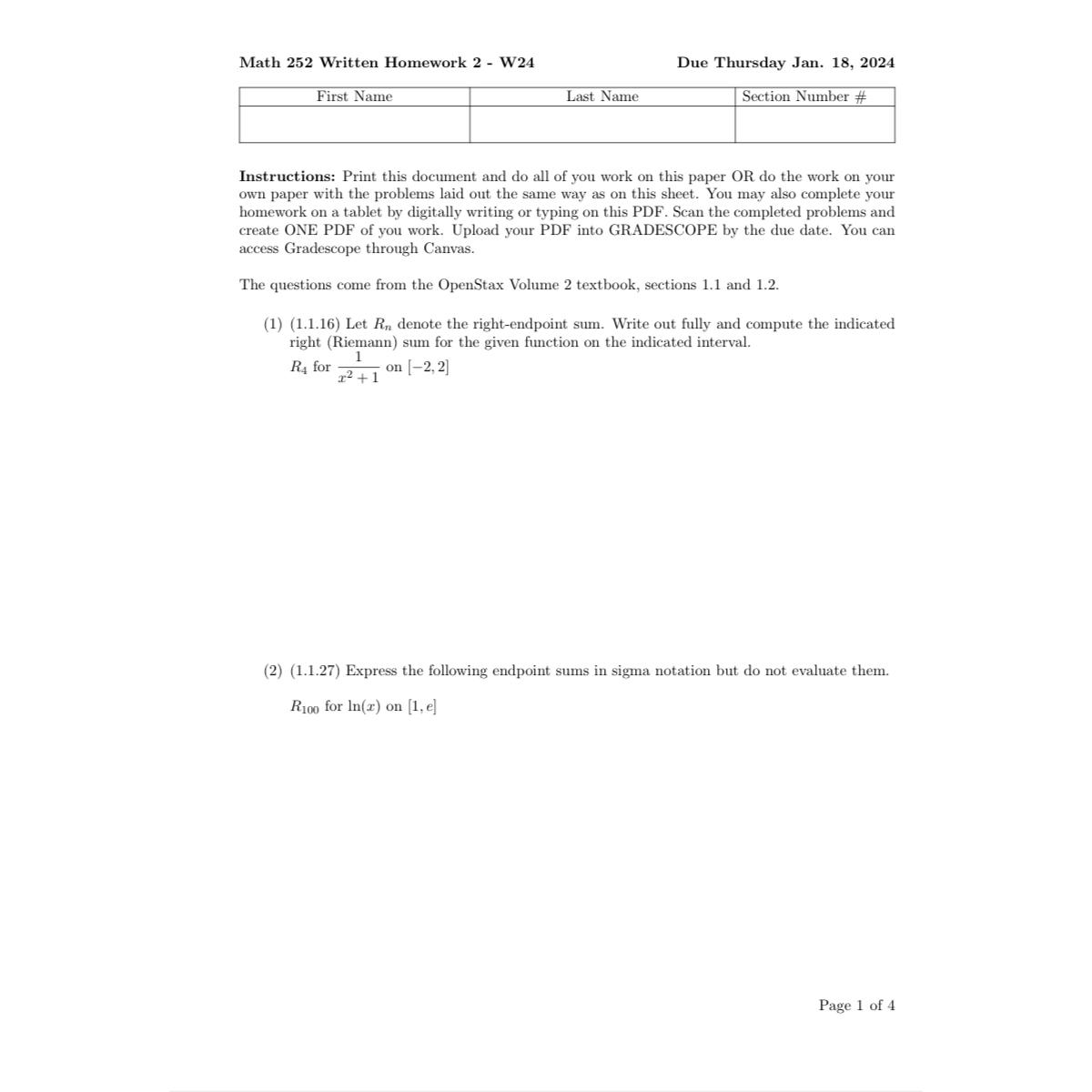 Solved Math 252 ﻿Written Homework 2 - ﻿W24Due Thursday Jan. | Chegg.com