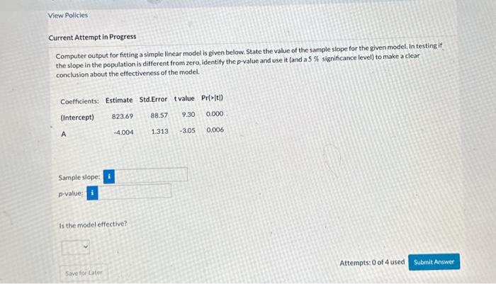 Solved Computer Output For Fitting A Simple Linear Model Is