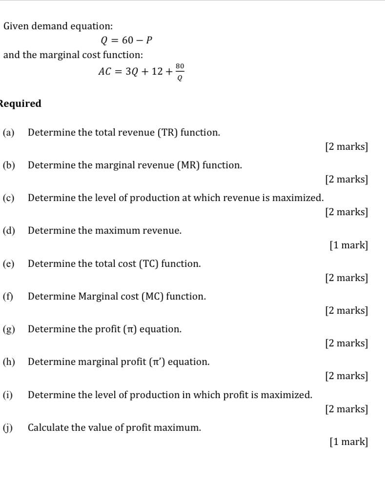 Solved Given demand equation:Q=60-Pand the marginal cost | Chegg.com