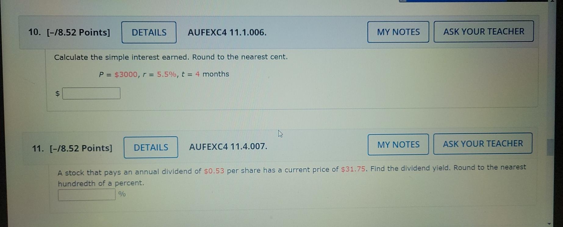 Solved 10. [-18.52 Points] DETAILS AUFEXC4 11.1.006. MY | Chegg.com
