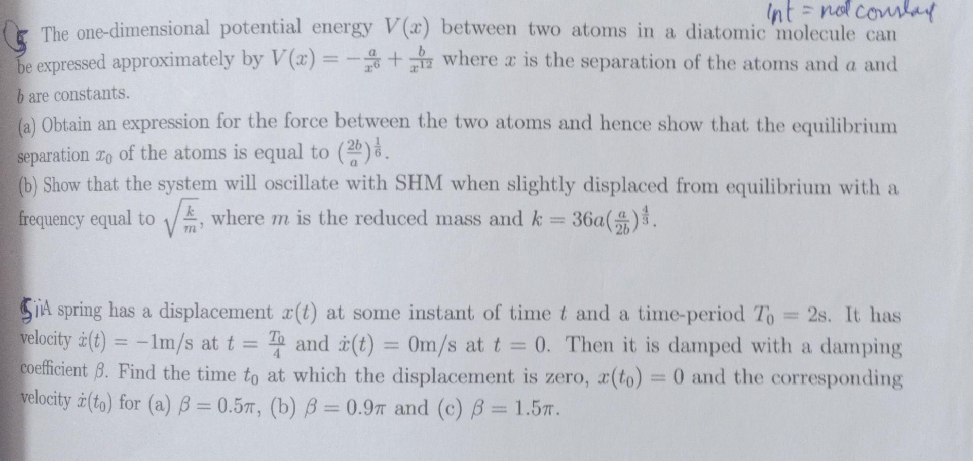 Solved The one-dimensional potential energy V(x) between two | Chegg.com