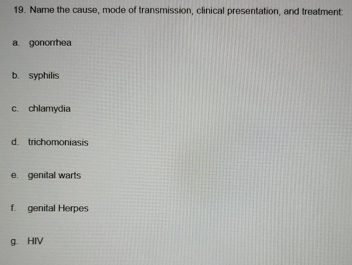 Solved 19. Name the cause, mode of transmission, clinical | Chegg.com