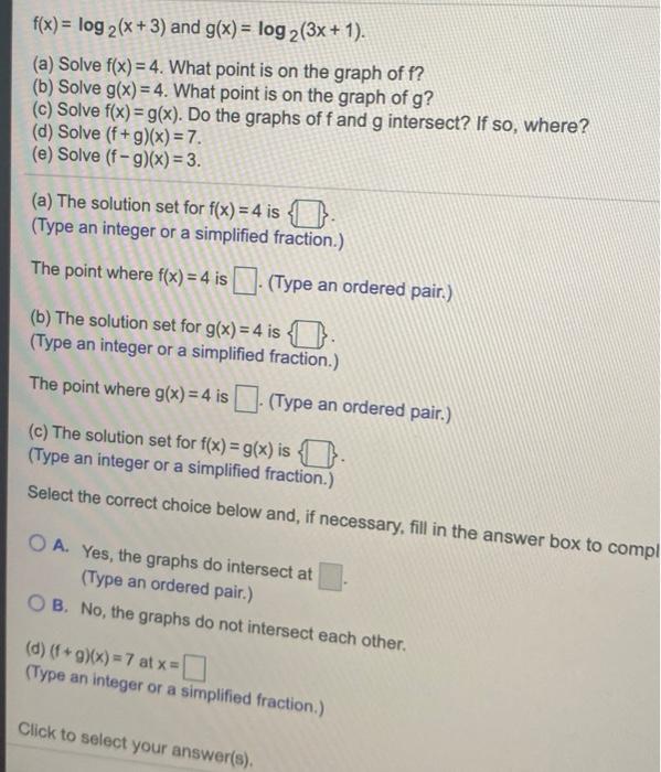 Solved f(x) = log 2(x+3) and g(x) = log 2(3x + 1). (a) Solve | Chegg.com