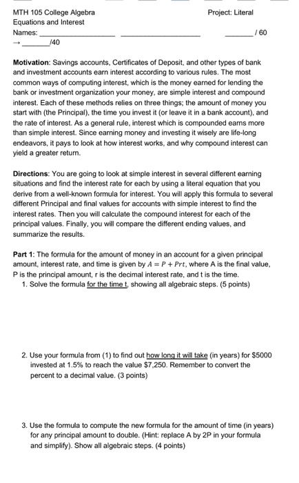 Solved Project: Literal MTH 105 College Algebra Equations | Chegg.com