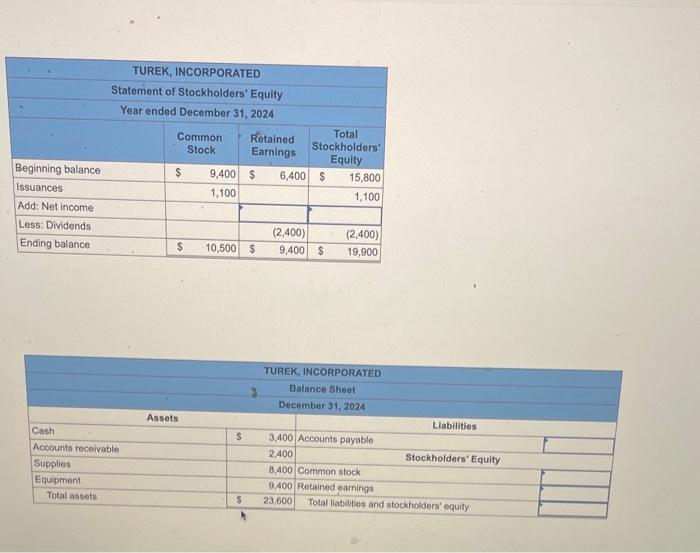 Solved Below are incomplete financial statements for Turek, | Chegg.com