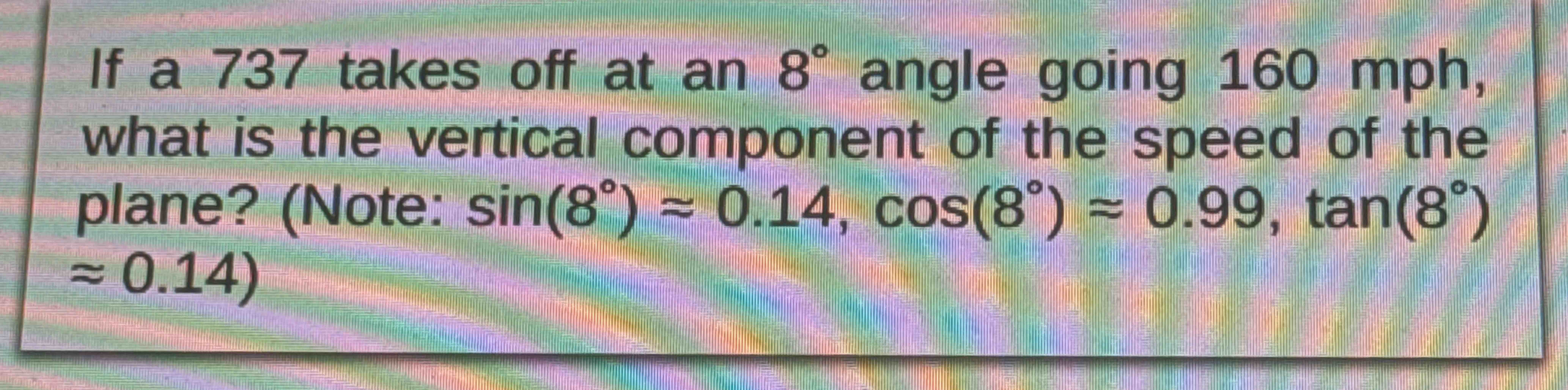 Solved If a 737 ﻿takes off at an 8°going 160 mph, ﻿what is | Chegg.com