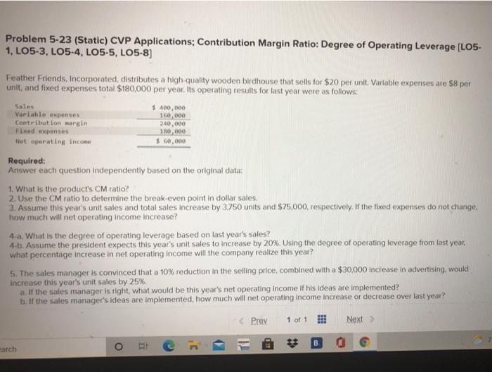 Solved Problem 5-23 (Static) CVP Applications: Contribution | Chegg.com