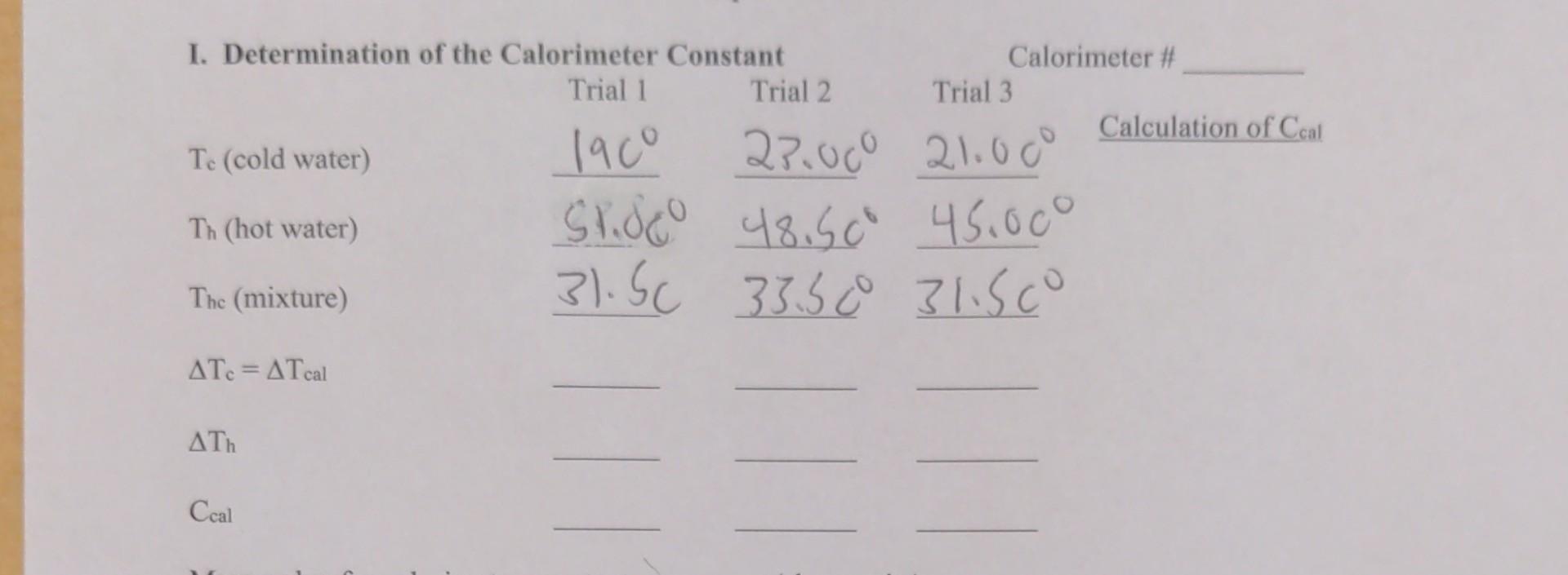 I. Determination of the Calorimeter Constant | Chegg.com