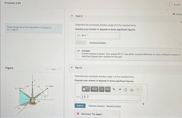 Solved Three forces act on the ring shown in (figure 1). | Chegg.com