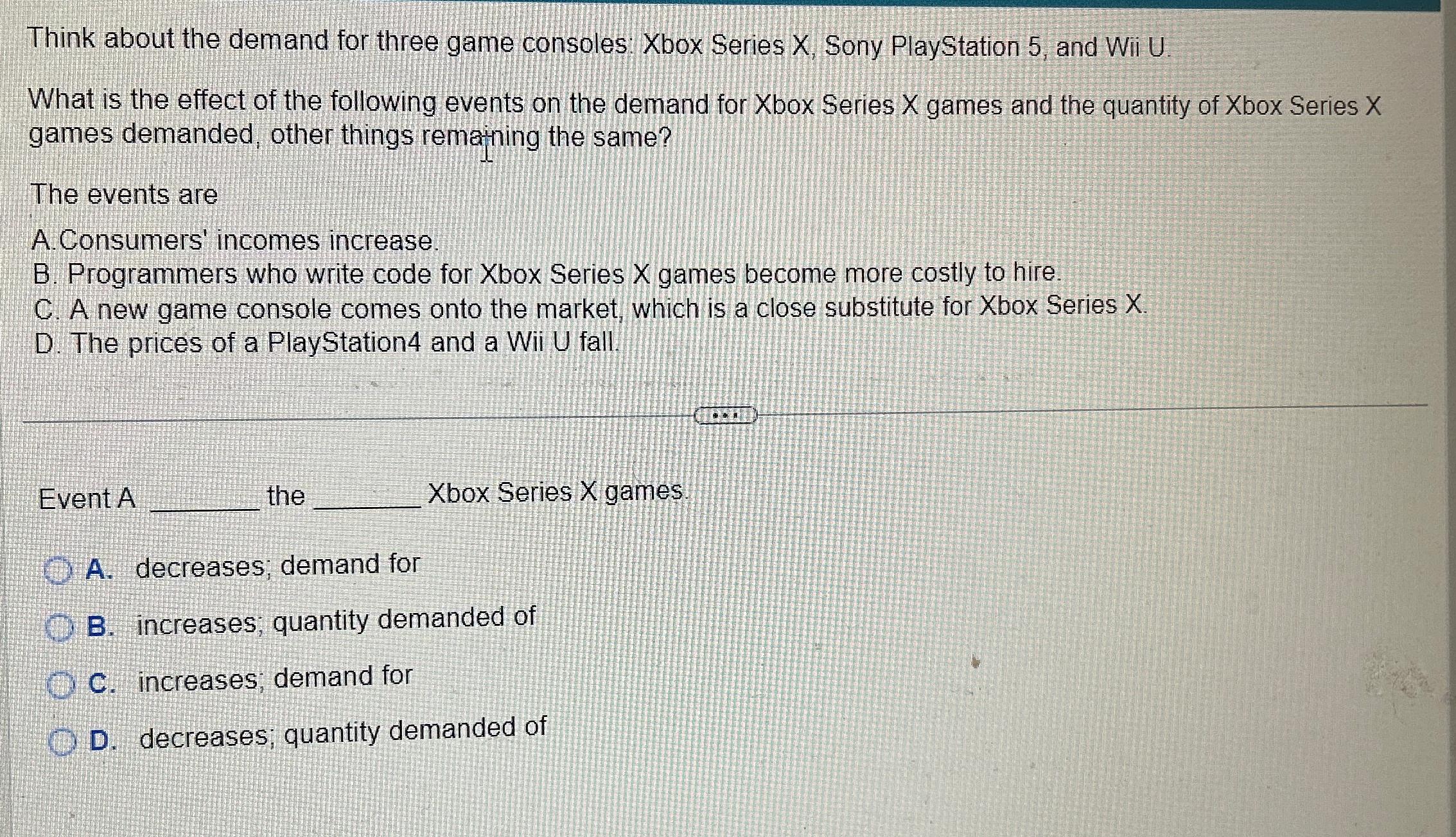 Solved Think about the demand for three game consoles. Xbox | Chegg.com