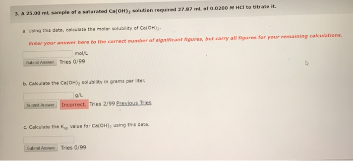 Solved 3. A 25.00 mL sample of a saturated Ca(OH), solution | Chegg.com