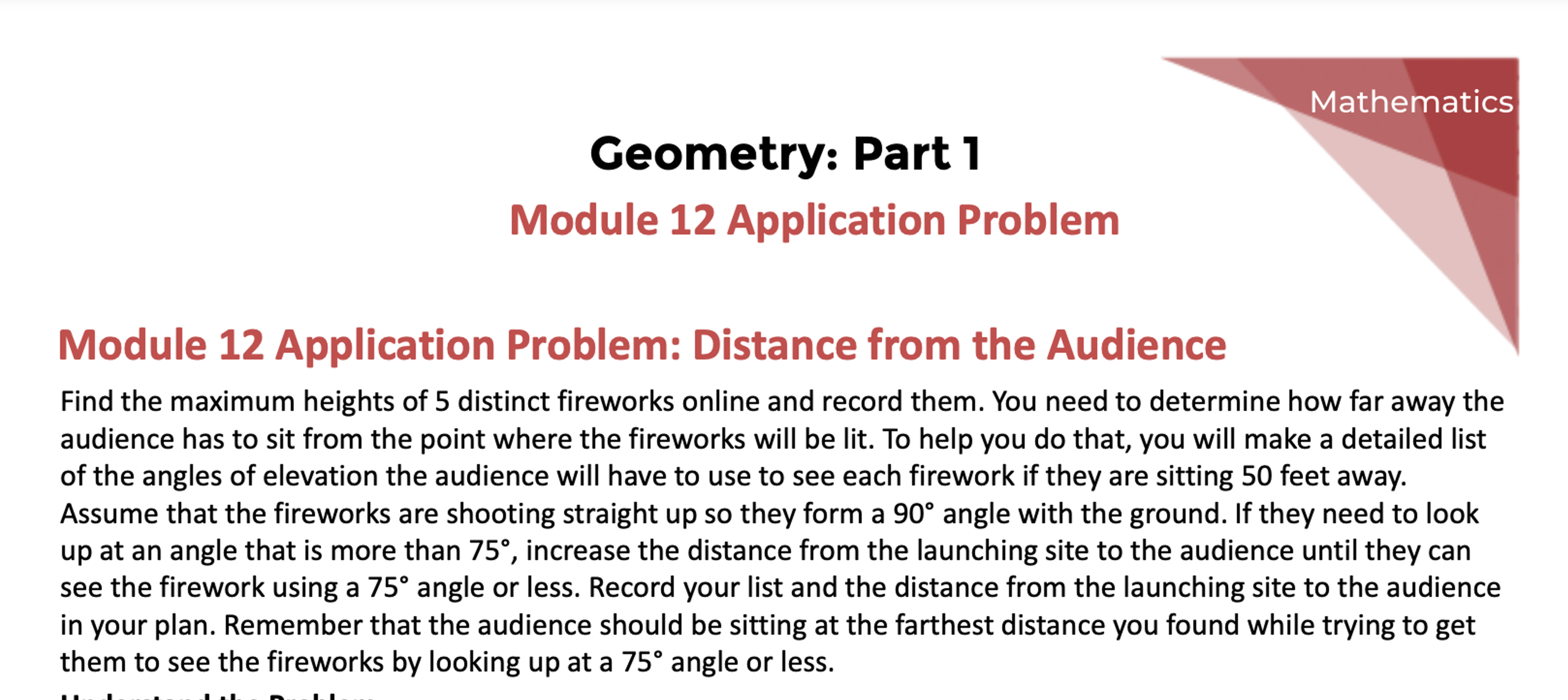 Solved Module 12 ﻿Application Problem: Distance from the | Chegg.com