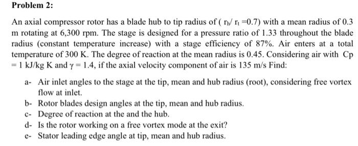 Solved An axial compressor rotor has a blade hub to tip | Chegg.com