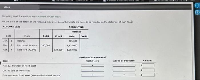 Solved eBook Reporting Land Transactions on Statement of | Chegg.com