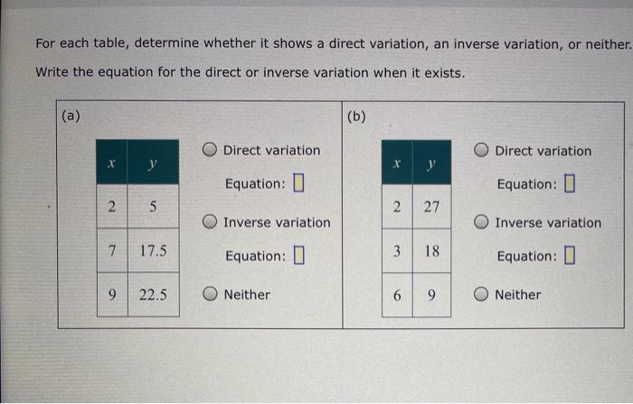 Solved For each table, determine whether it shows a direct | Chegg.com