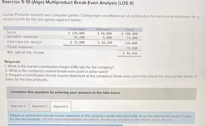 Solved Exercise 5-10 (Algo) Multiproduct Break-Even Analysis | Chegg.com Solved Exercise 5-10 (Algo) Multiproduct Break-Even Analysis | Chegg.com
