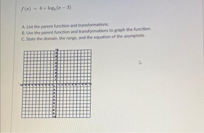 Solved f(x)=4+log3(x−3) A. List the parent function and | Chegg.com