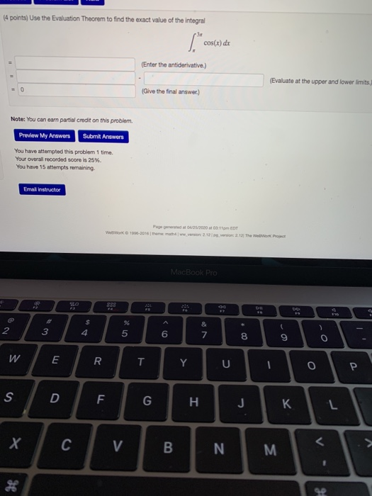 Solved (4 points) Use the Evaluation Theorem to find the | Chegg.com