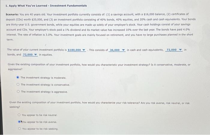 Solved 1. Apply What You've Learned - Investment | Chegg.com