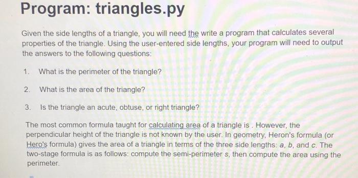 Solved Given the side lengths of a triangle, you will need | Chegg.com