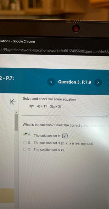 Solved Solve and check the linear equation. 3(x−4)+11=2(x+3) | Chegg.com