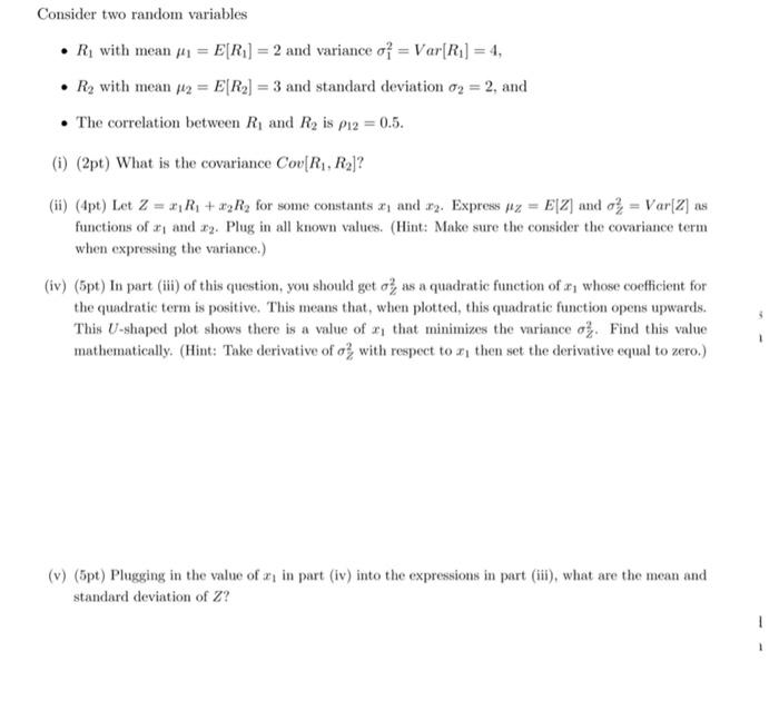 Solved Consider two random variables • R; with mean 4 = | Chegg.com
