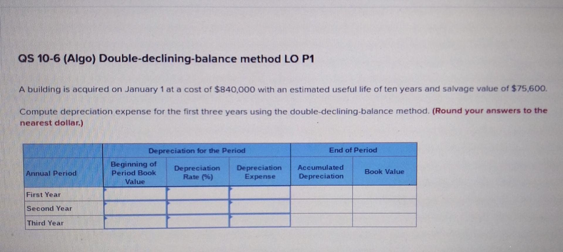 Solved QS 10-6 (Algo) Double-declining-balance method LO P1 | Chegg.com