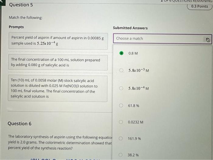 Solved Prompts Submitted Answers Percent yield of aspirin if | Chegg.com