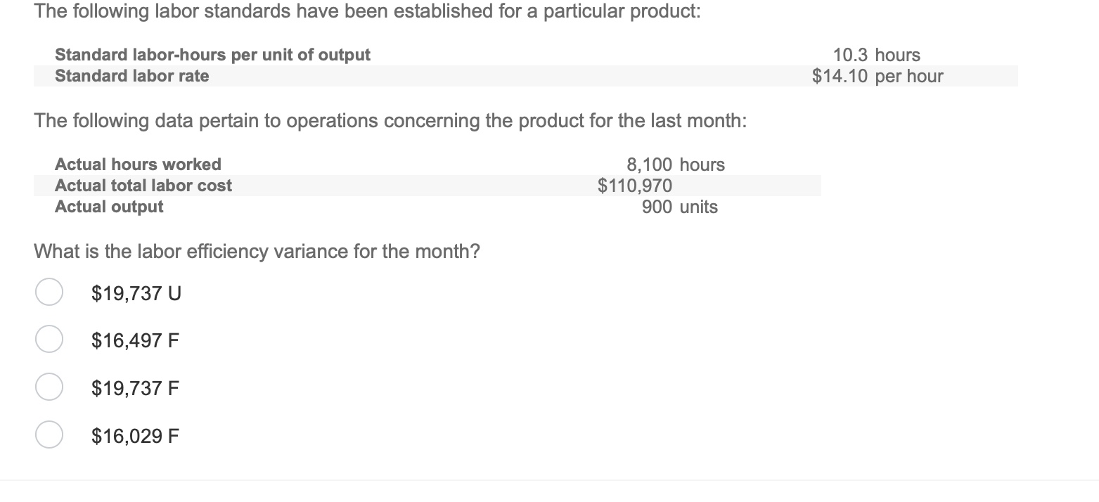 Solved The following labor standards have been established | Chegg.com