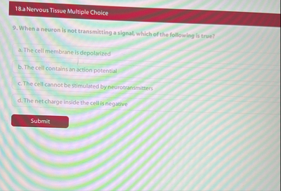 Solved 18.a Nervous Tissue Multiple Choice9. ﻿When a neuron | Chegg.com
