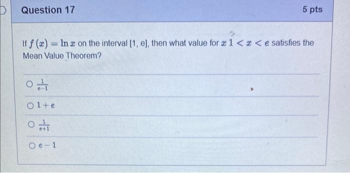 Solved If f(x)=lnx on the interval [1,e], then what value | Chegg.com