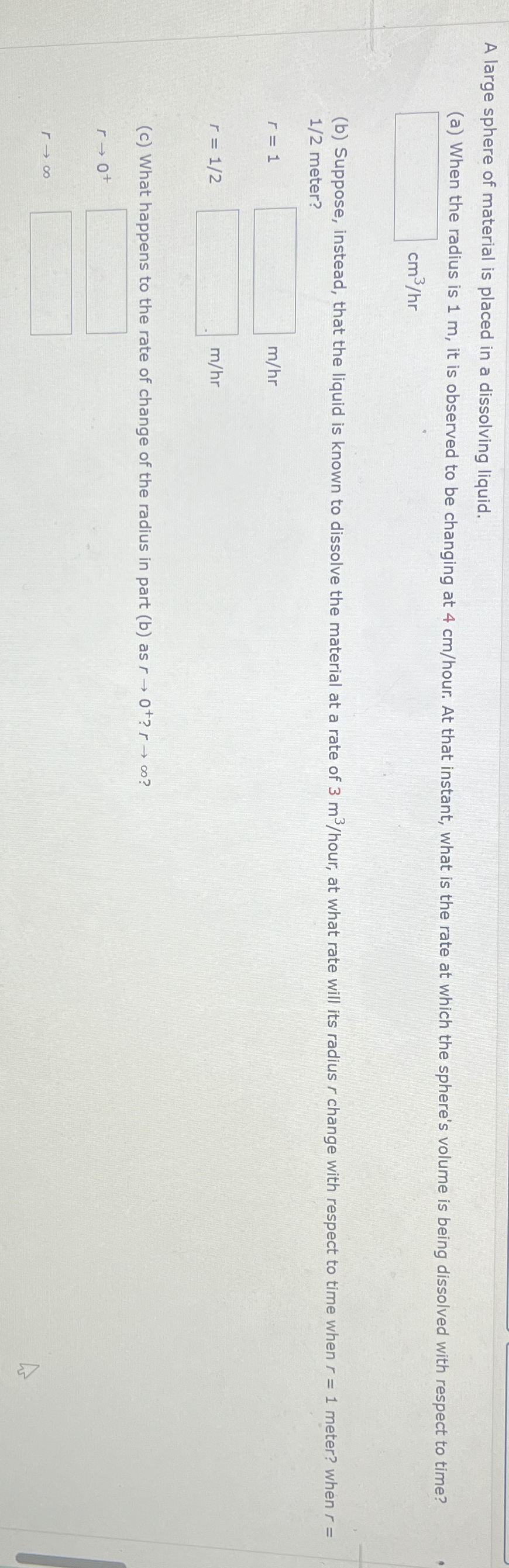 Solved A large sphere of material is placed in a dissolving | Chegg.com