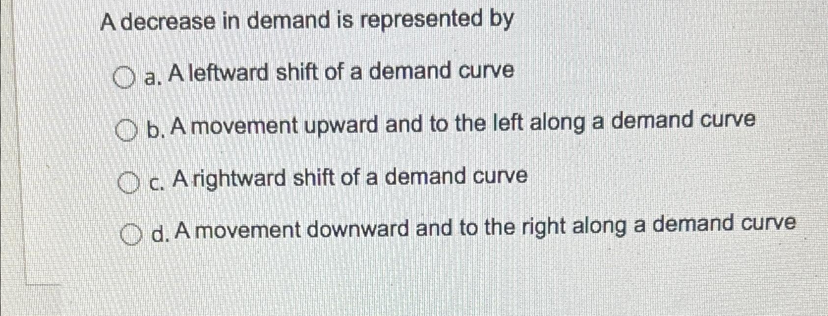 Solved A decrease in demand is represented bya. ﻿A leftward | Chegg.com