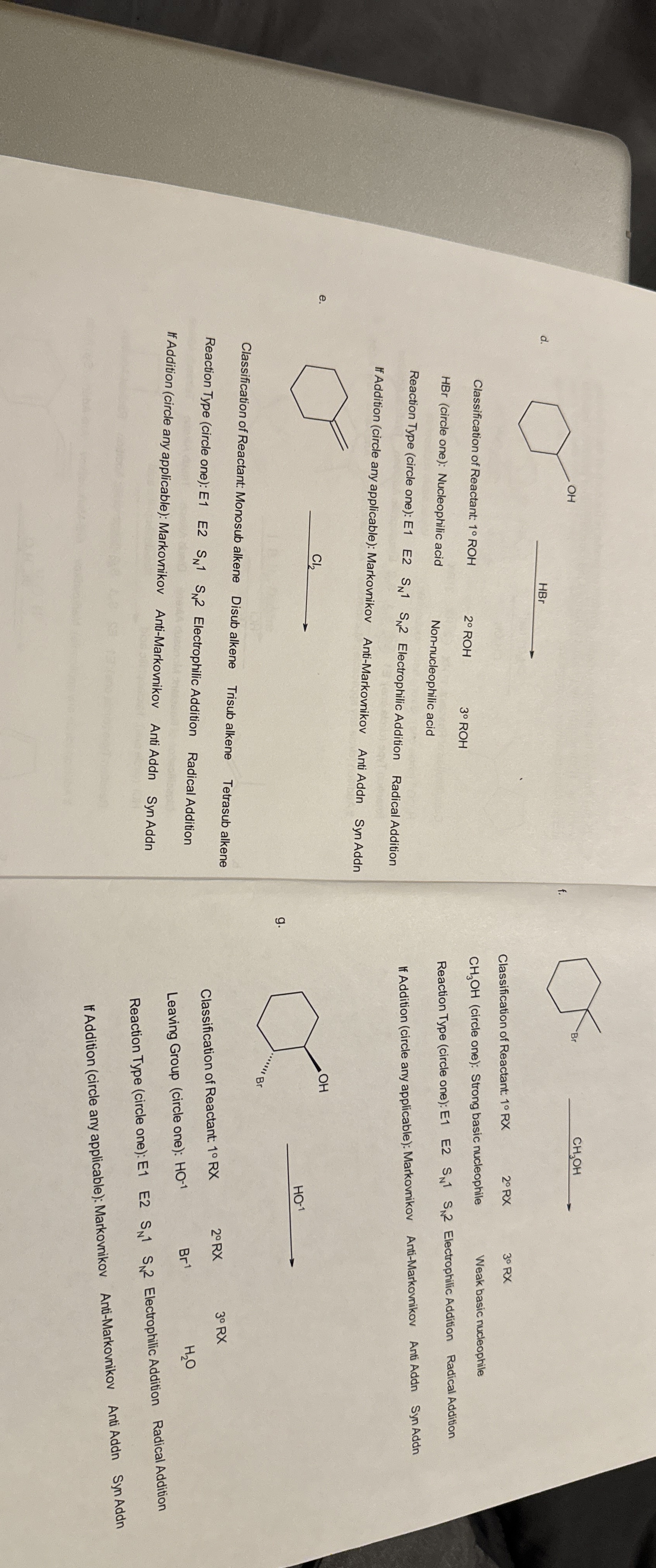Solved d.q,Classification of Reactant: 1°ROH2°ROH3°ROHHBr | Chegg.com