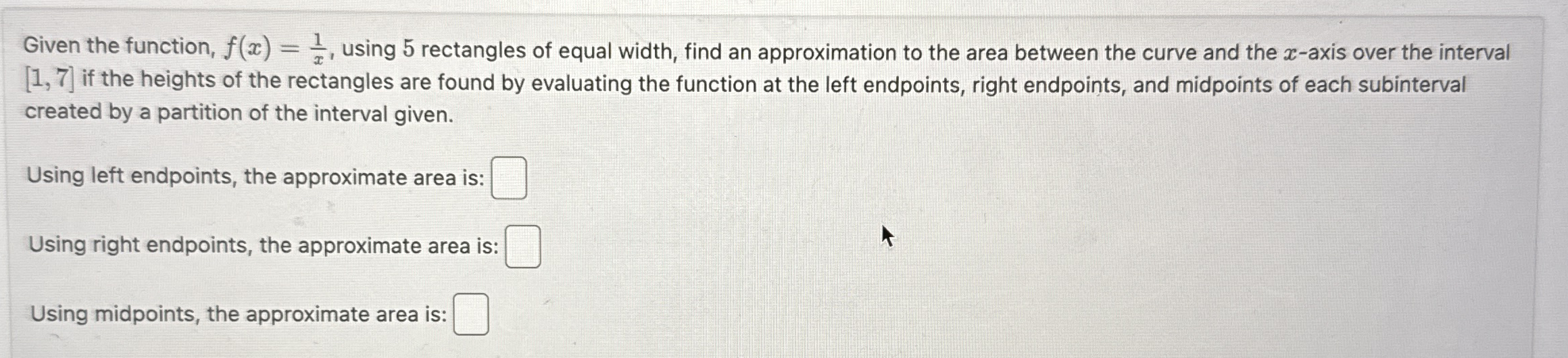 Solved Given the function, f(x)=1x, ﻿using 5 ﻿rectangles of | Chegg.com