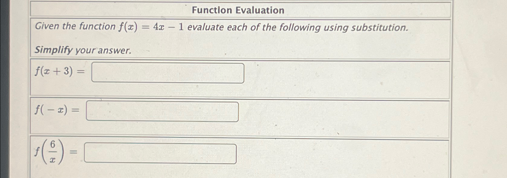 Solved Function EvaluationGiven the function f(x)=4x-1 | Chegg.com