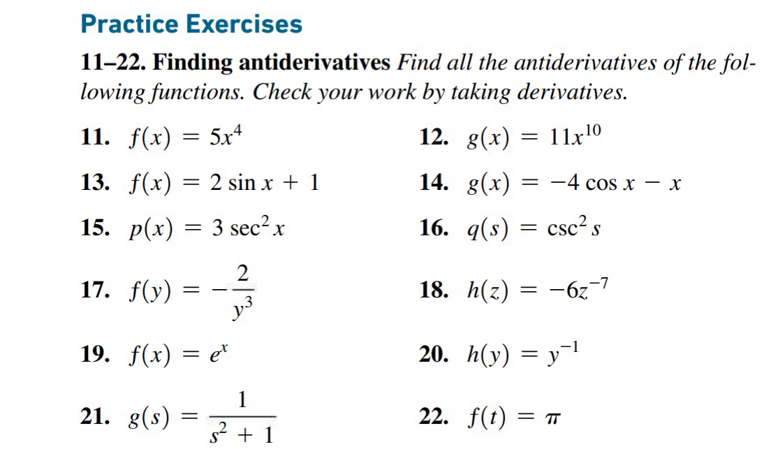 Solved Practice Exercises11-22. ﻿Finding antiderivatives | Chegg.com