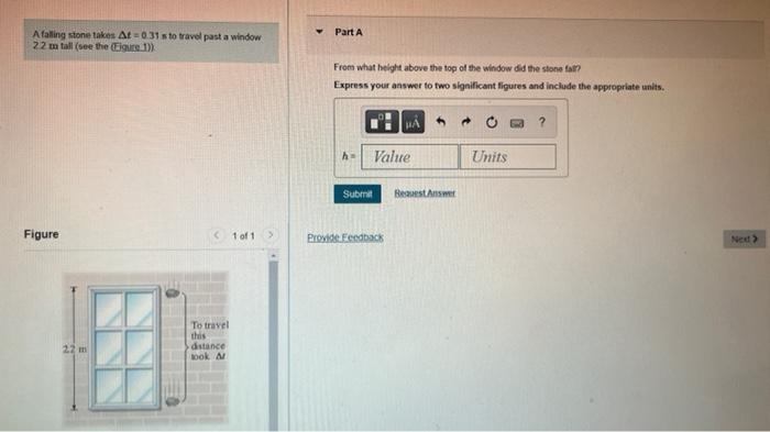 Solved A falling stone takes At = 0.31 s to travel past a | Chegg.com