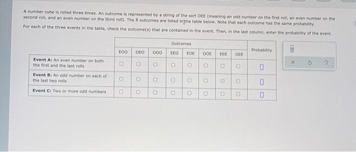 Solved A number cube is rolled three times. An outcome is | Chegg.com