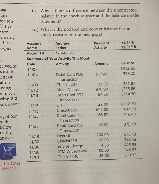 Solved 11/23 11/27 3. Reconciling a Checking Account. Andrew | Chegg.com