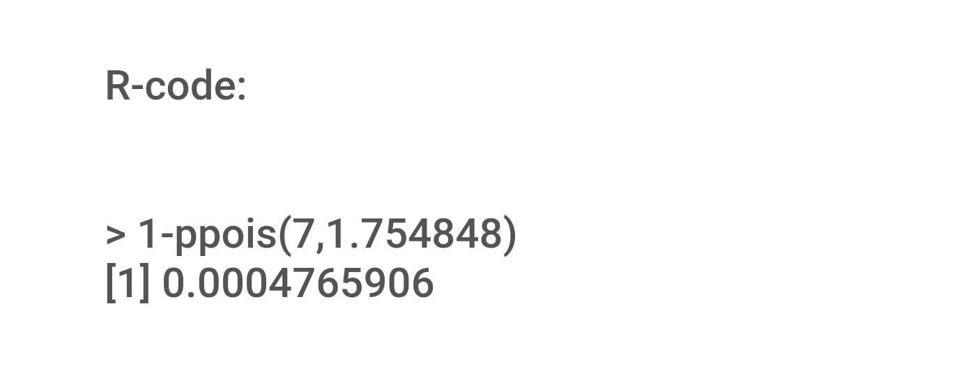 Solved R-code: >1-ppois (7,1.754848) [1] 0.00047659062. X : | Chegg.com