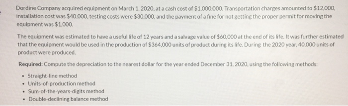 Solved Dordine Company acquired equipment on March 1, 2020, | Chegg.com